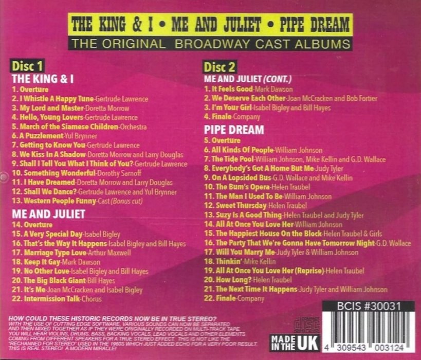 CD KING AND I + ME AND JULIET + PIPE DREAM - Original Broadway Cast ...