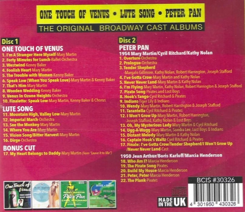 CD ONE TOUCH OF VENUS + LUTE SONG + PETER PAN - Original Broadway Cast ...