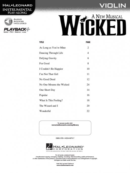 Sheet Music + Download-Playbacks WICKED (for Violin) -->