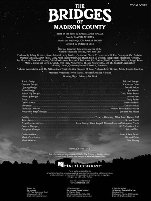 Sheet Music THE BRIDGES OF MADISON COUNTY (Vocal Score) --> Musical CDs ...